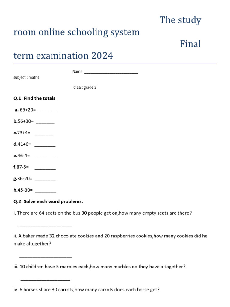 GRADE 2 Final Term MATHS | PDF