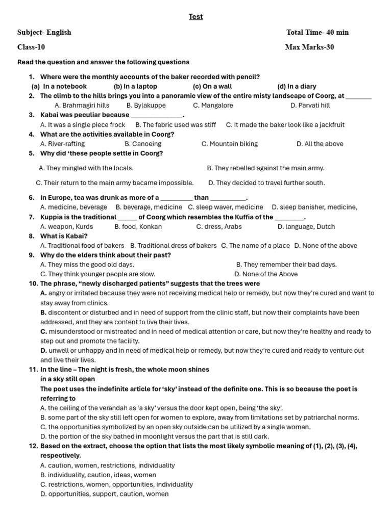 Class 10 MCQ Test: The Midnight Visitor | PDF