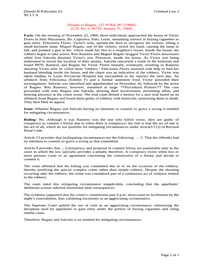 Article 13 Not Applicable People Vs Regato. 127 SCRA 287 (1984) | PDF ...
