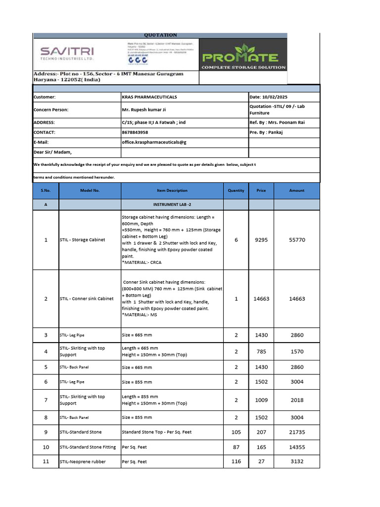 QUOTATION - Lab Furniture - 09 PHARMACEUTICAL SCIENCE AND RESEARCH ...