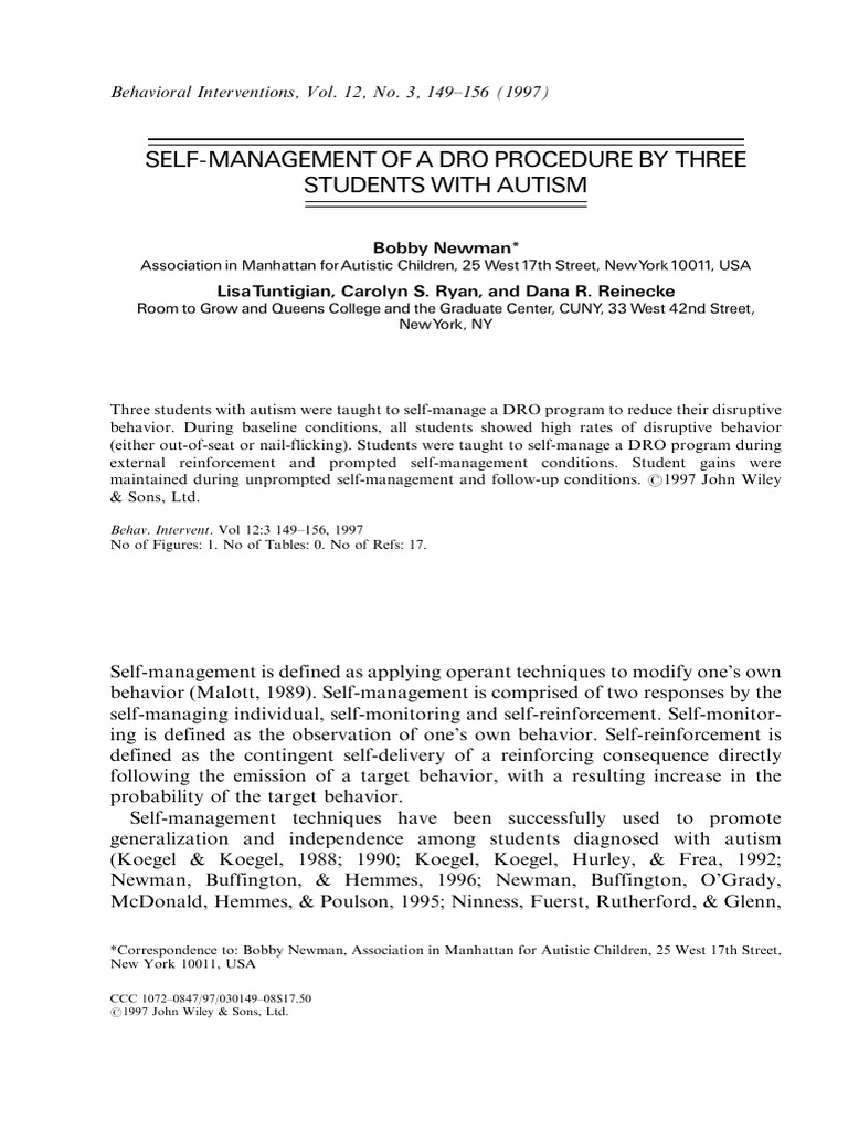 Self-Management of DRO in Autism Students | PDF | Reinforcement ...