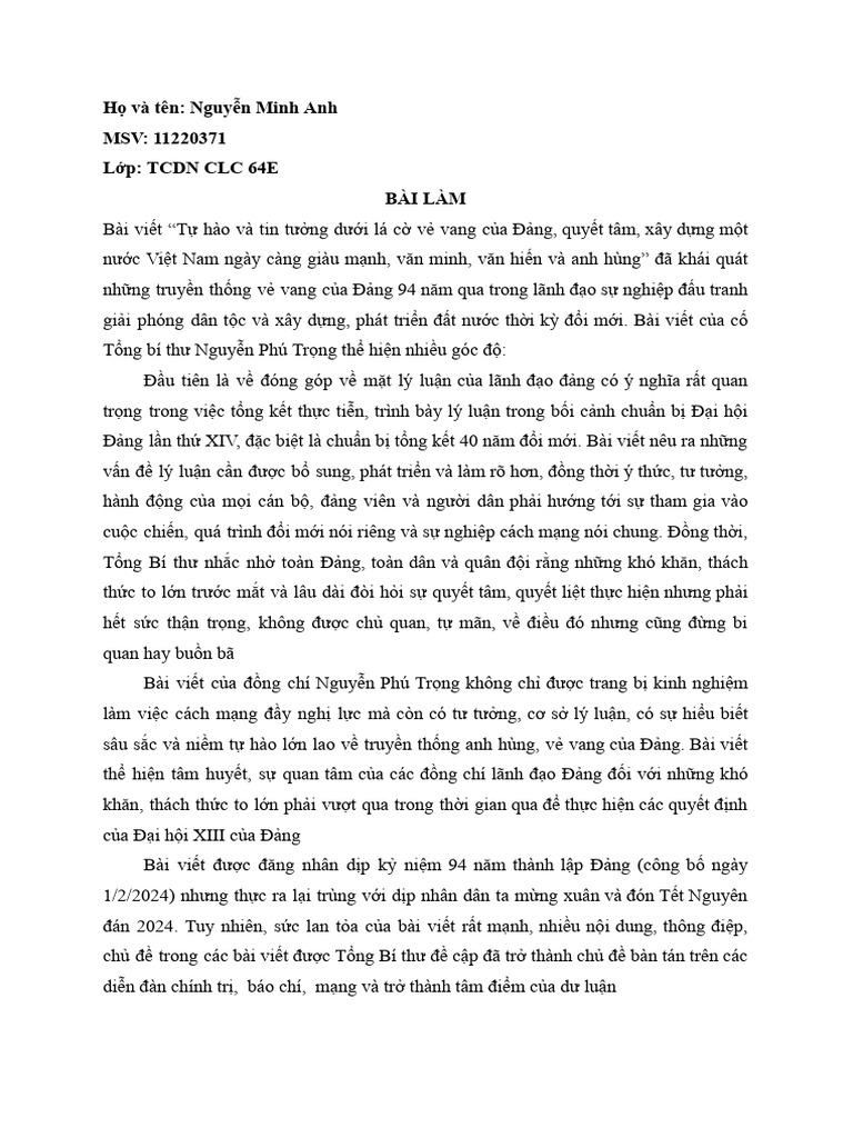 Họ và tên: Nguyễn Minh Anh MSV: 11220371 Lớp: Tcdn Clc 64E Bài Làm | PDF