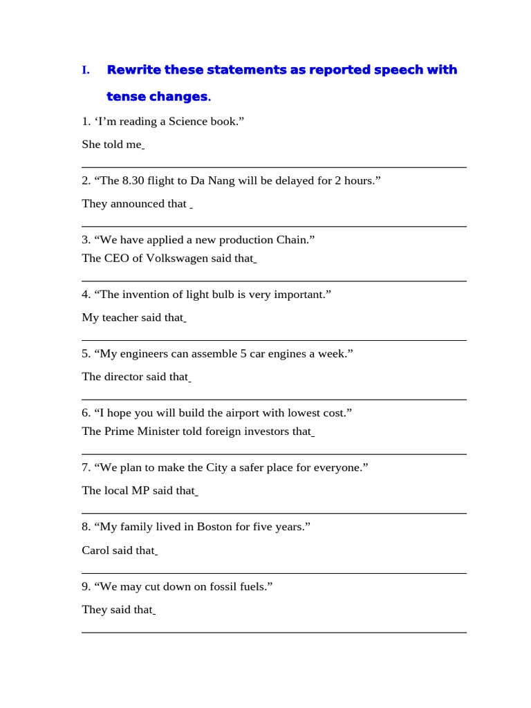 Reported Speech Conversion Exercises | PDF