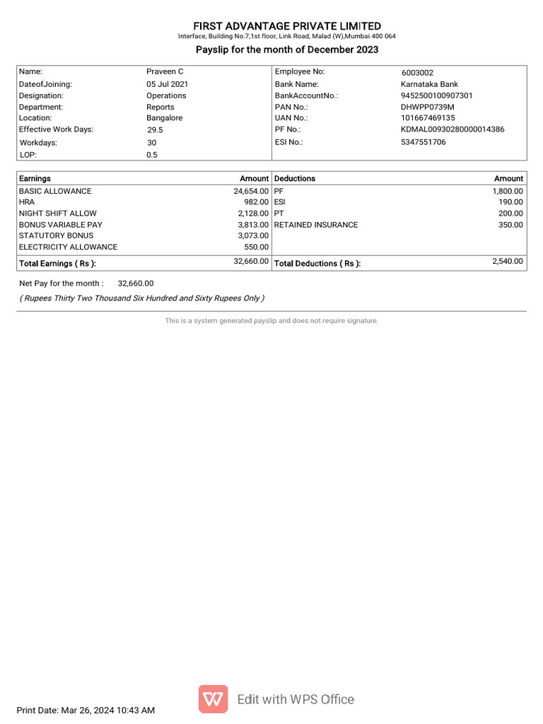 Payslip_Dec_2023 | PDF | Employee Relations | Personal Finance