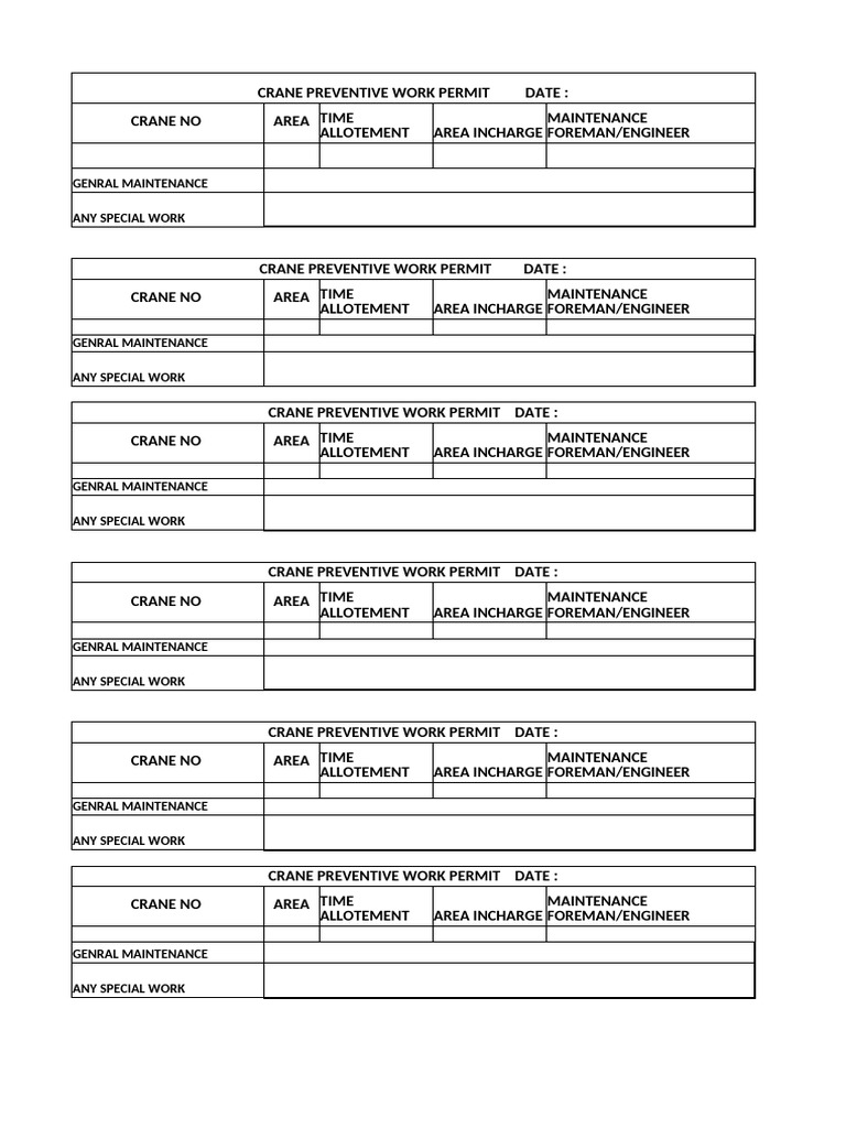 CRANE PREVENTIVE MAINTENANCE WORK SCHEDULE PERMIT | PDF