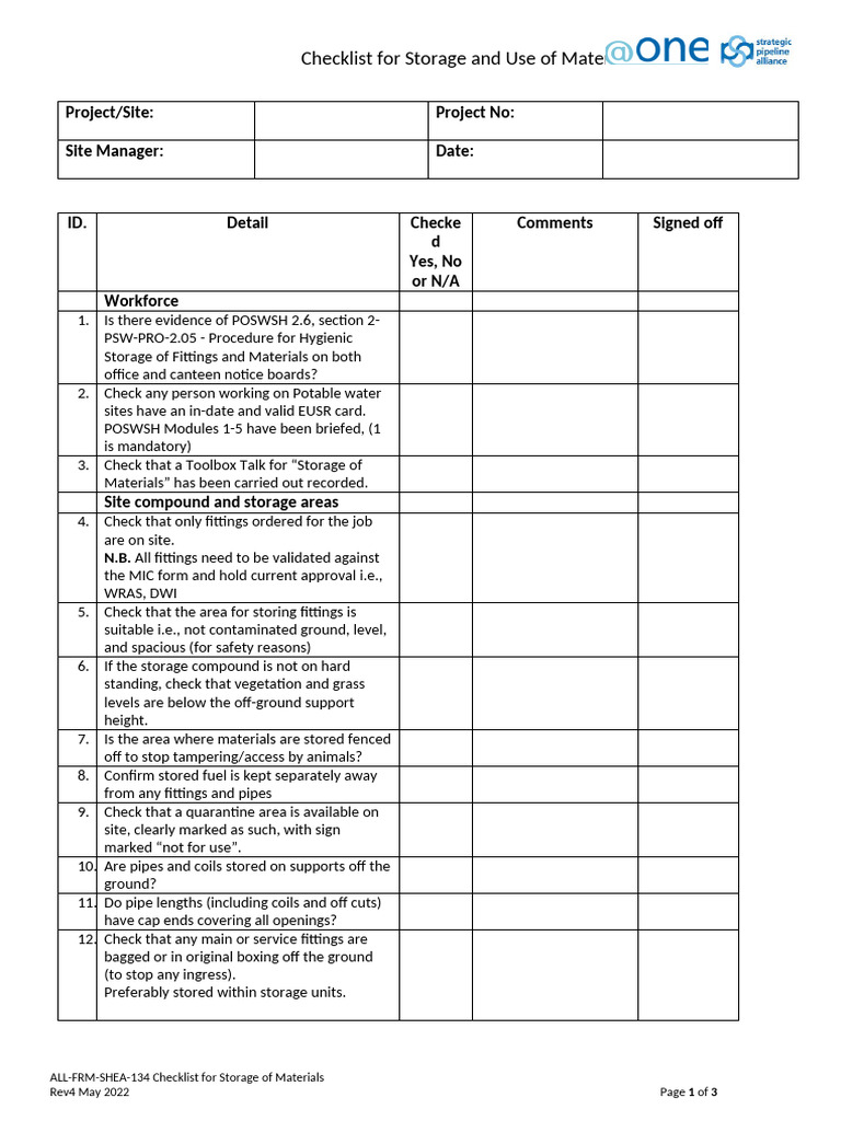 Checklist For Storage and Use of Materials (ALL-FRM-SHEA-134) | PDF ...
