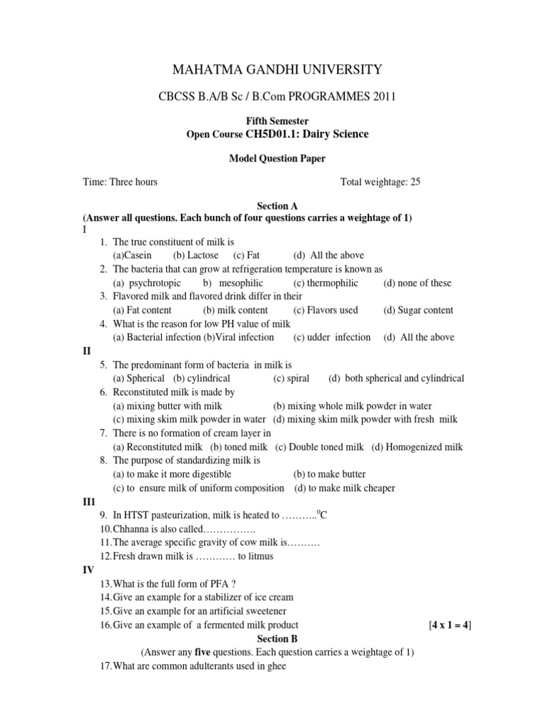Dairy Science Model Question | PDF | Milk | Dairy