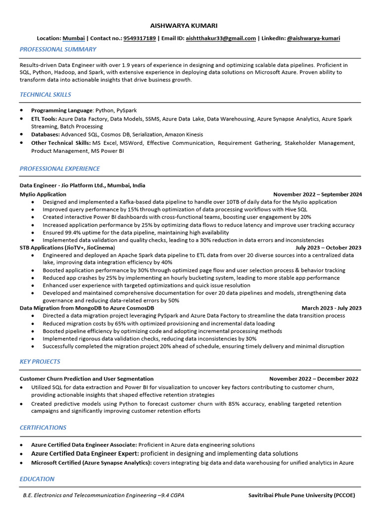 Data Engineer Resume - Aishwarya Kumari | PDF | Microsoft Azure | Apache Spark