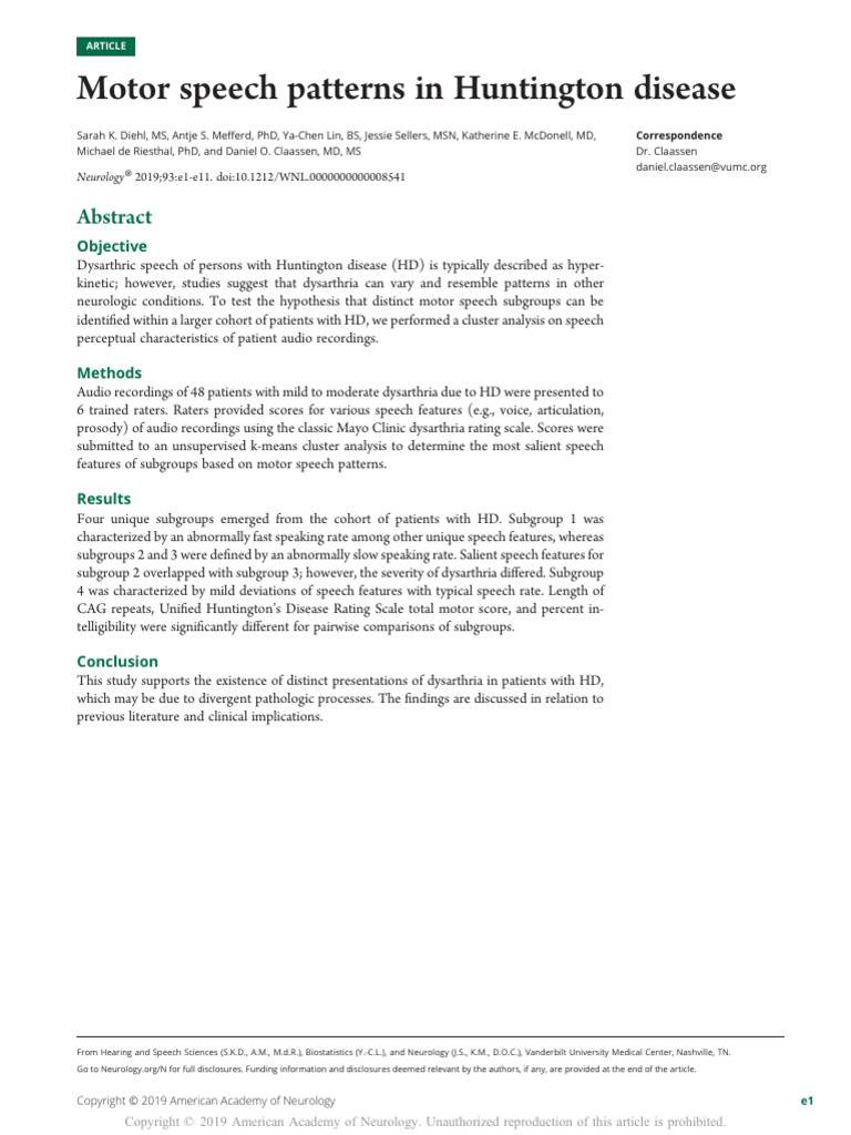 Motor Speech Patterns in Huntingtons Disease | PDF | Speech | Stress ...
