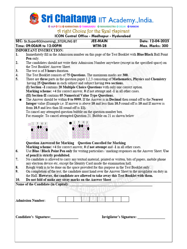 12-04-25 SR - Super60 (Incoming) STERLING BT Jee-Main WTM-28 Q.paper | PDF | Osmosis | Series ...