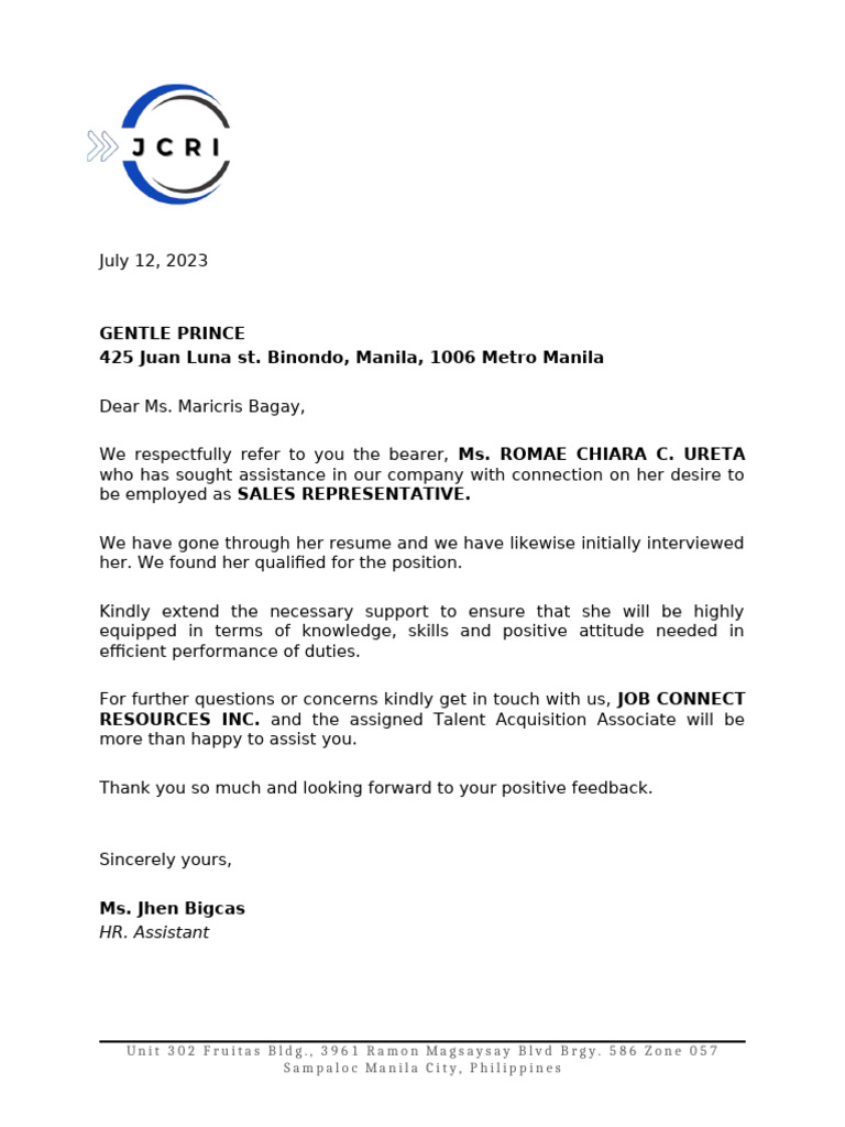 Gentle-Prince-BINONDO-Endorsement-Letter Ms ROMAE CHIARA URETA | PDF