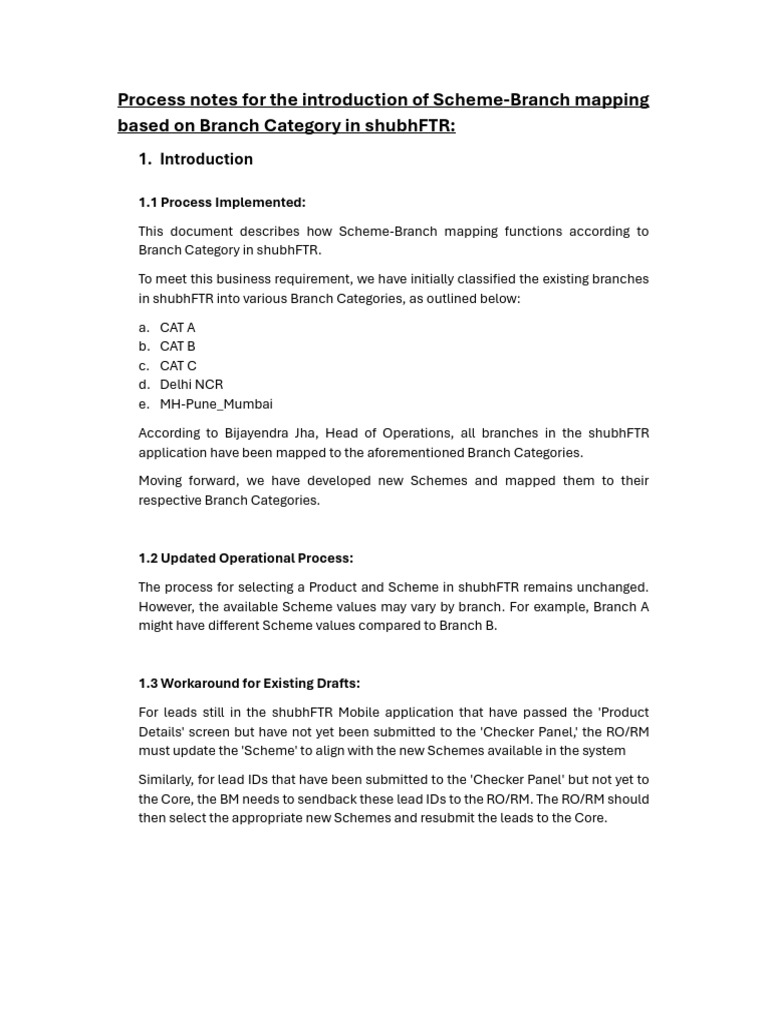 Process notes for the introduction of Scheme - Branch mapping | PDF