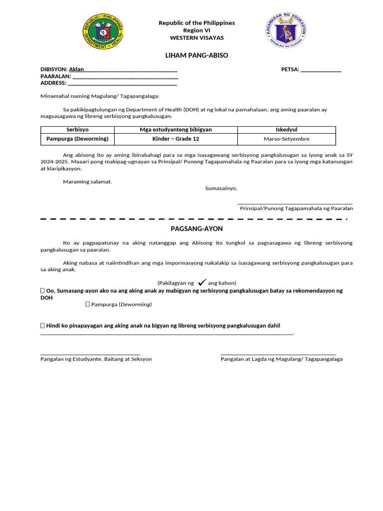 Consent For Deworming Tagalog | PDF