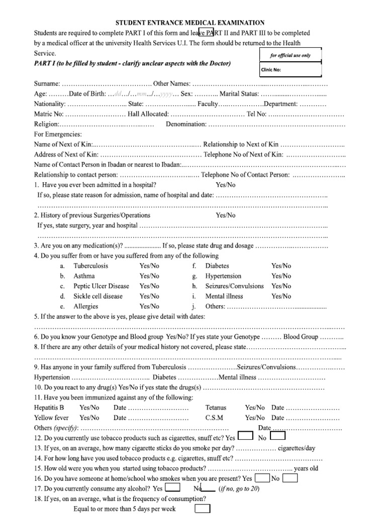 Medical Screening Form | PDF