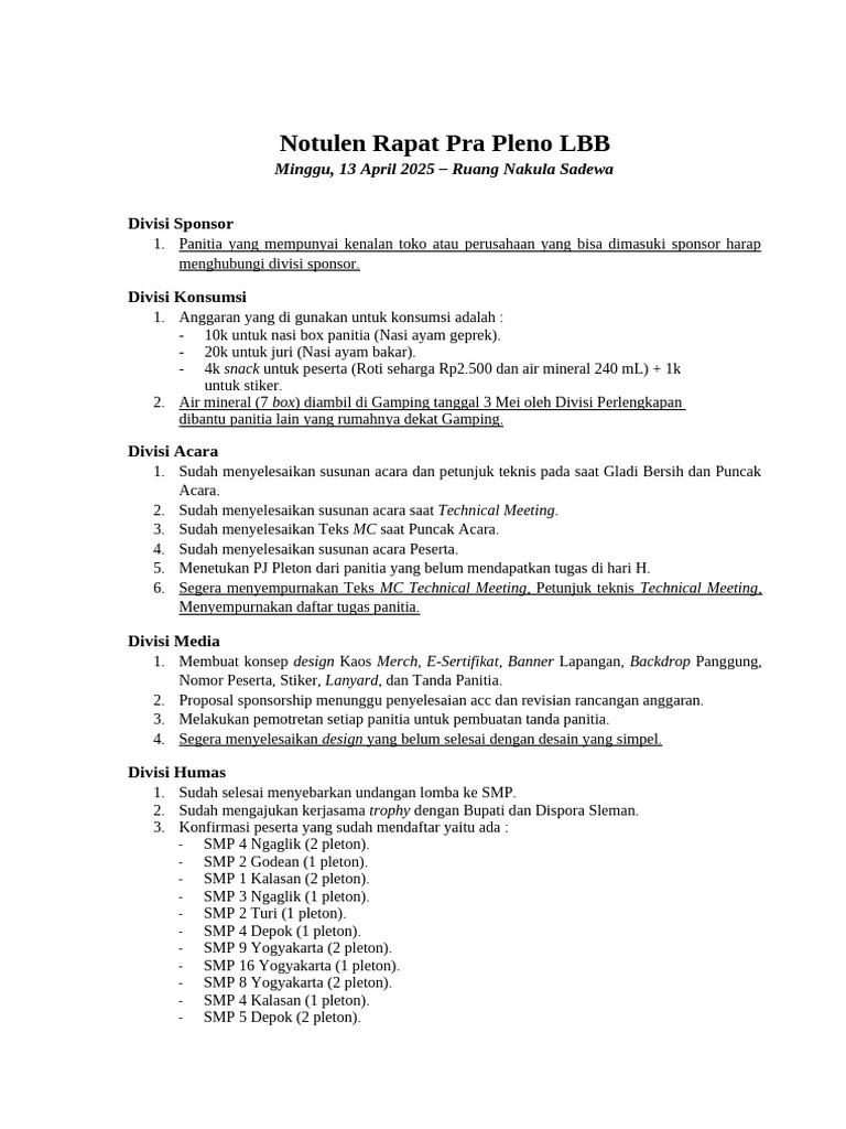 Notulen Rapat Pra Pleno LBB | PDF