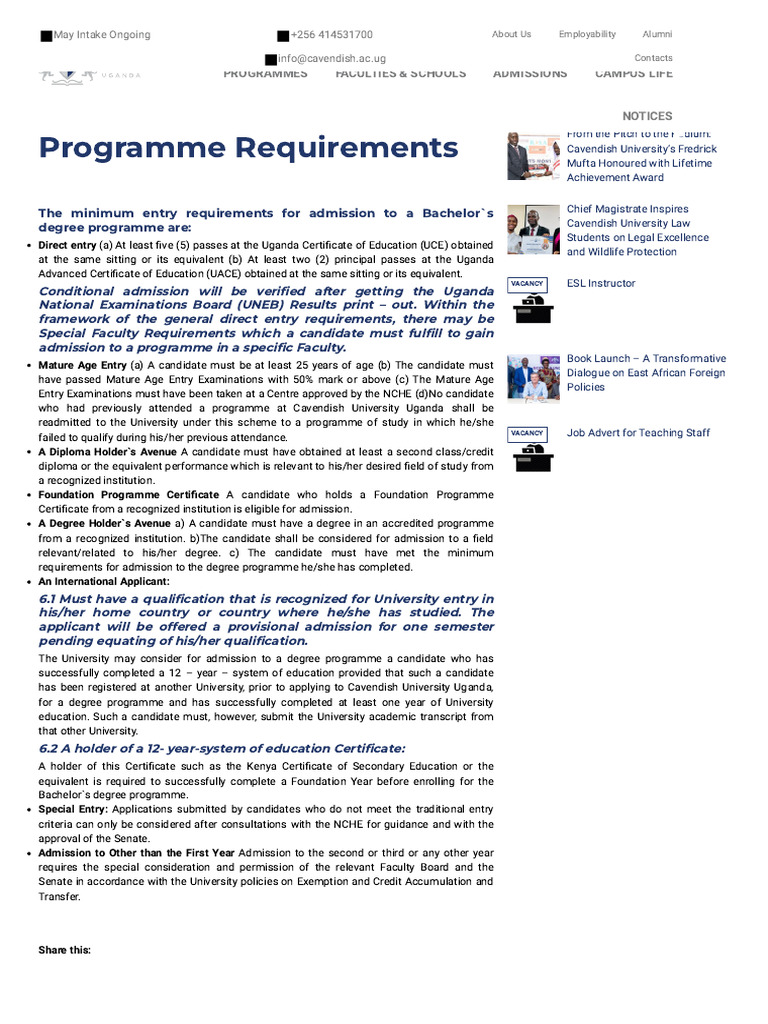Cavendish University Admission Requirements | PDF | Academic Degree ...