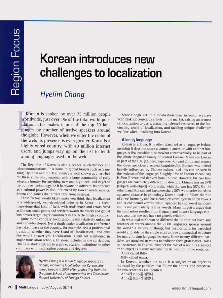 Korean Introduces New Challenges To Localization. Hyelim Chang | PDF | Korean Language ...
