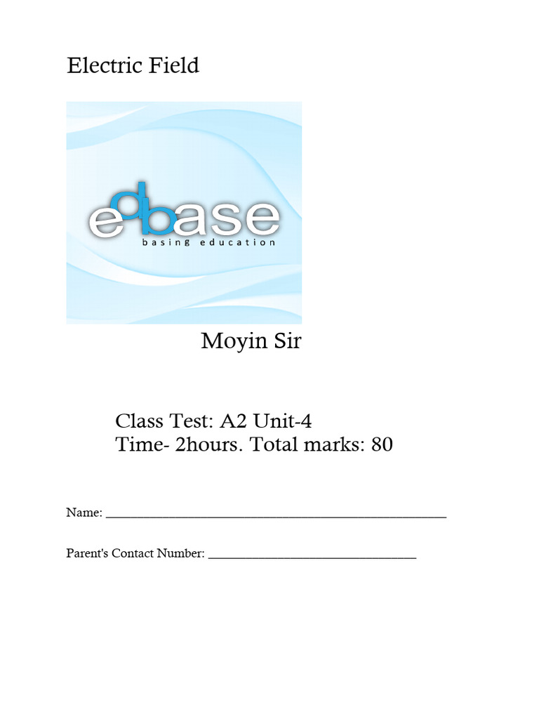 Electric Fields A2 QP Class Test | PDF | Electron | Force