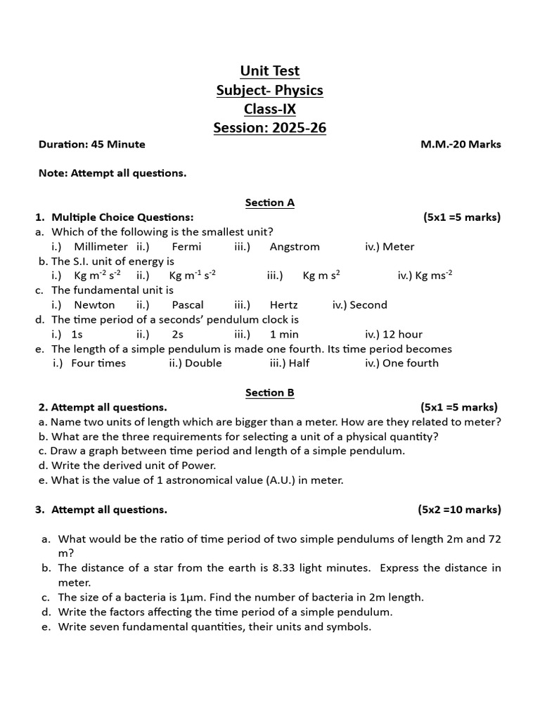 Class IX-unit Test Paper Physics | PDF