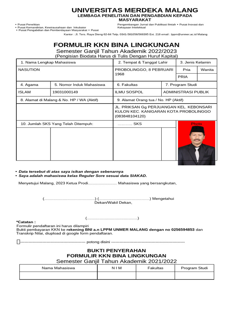 Formulir KKN Bina Lingkungan Ganjil 2022 - 23 | PDF