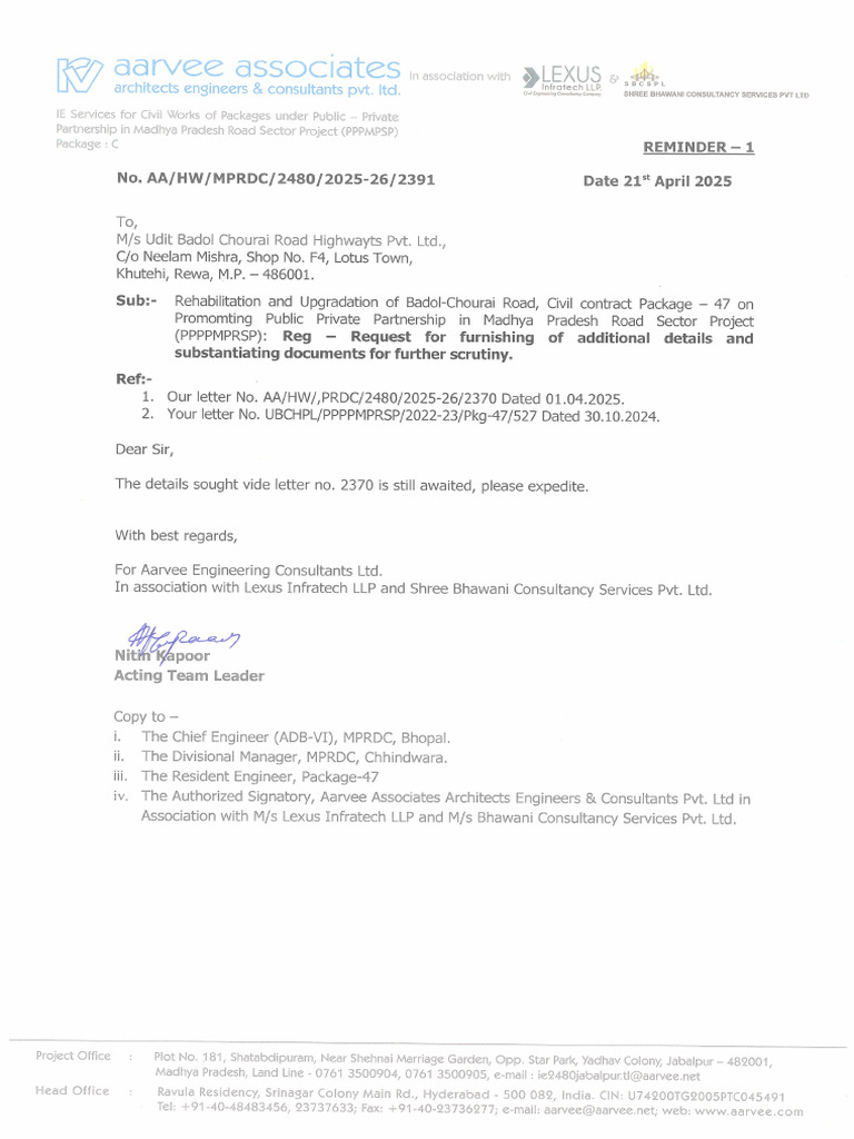 2480 TL Letter No. 2391 Reg - Request For Furnishing of Additional Details and Substantiating ...