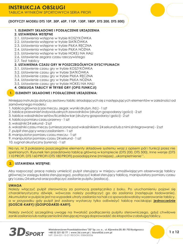 Instrukcja Tablica Wynikow Sportowych Profi | PDF