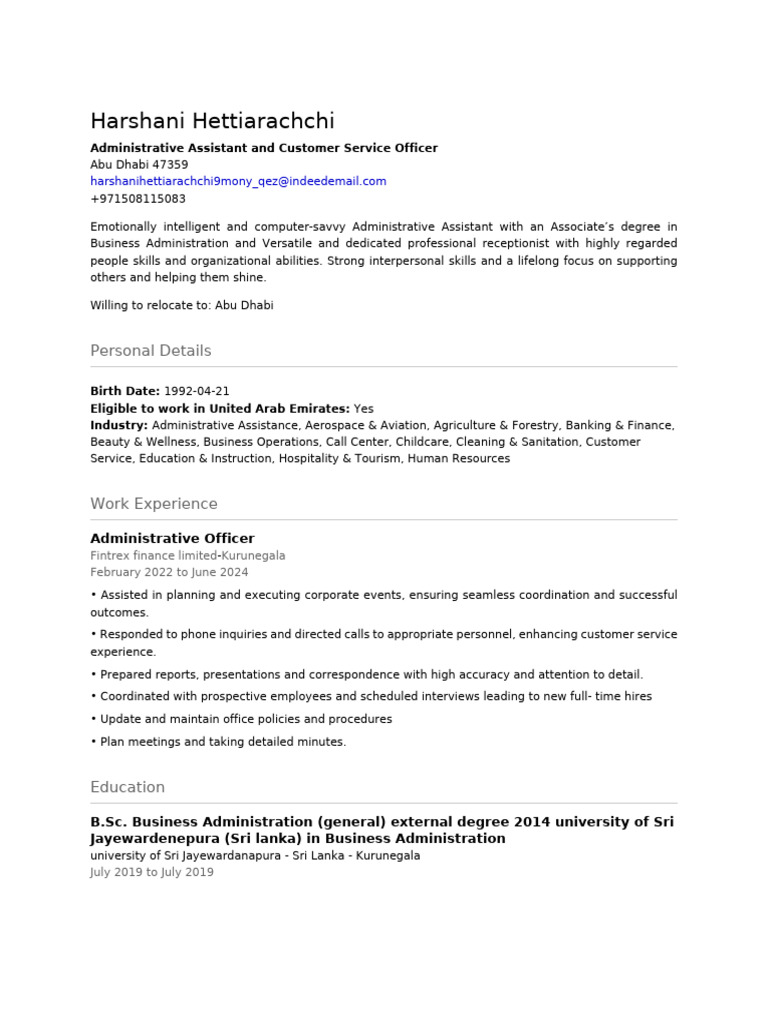 Resume Harshani Hettiarachchi | PDF | Telephone | Fax