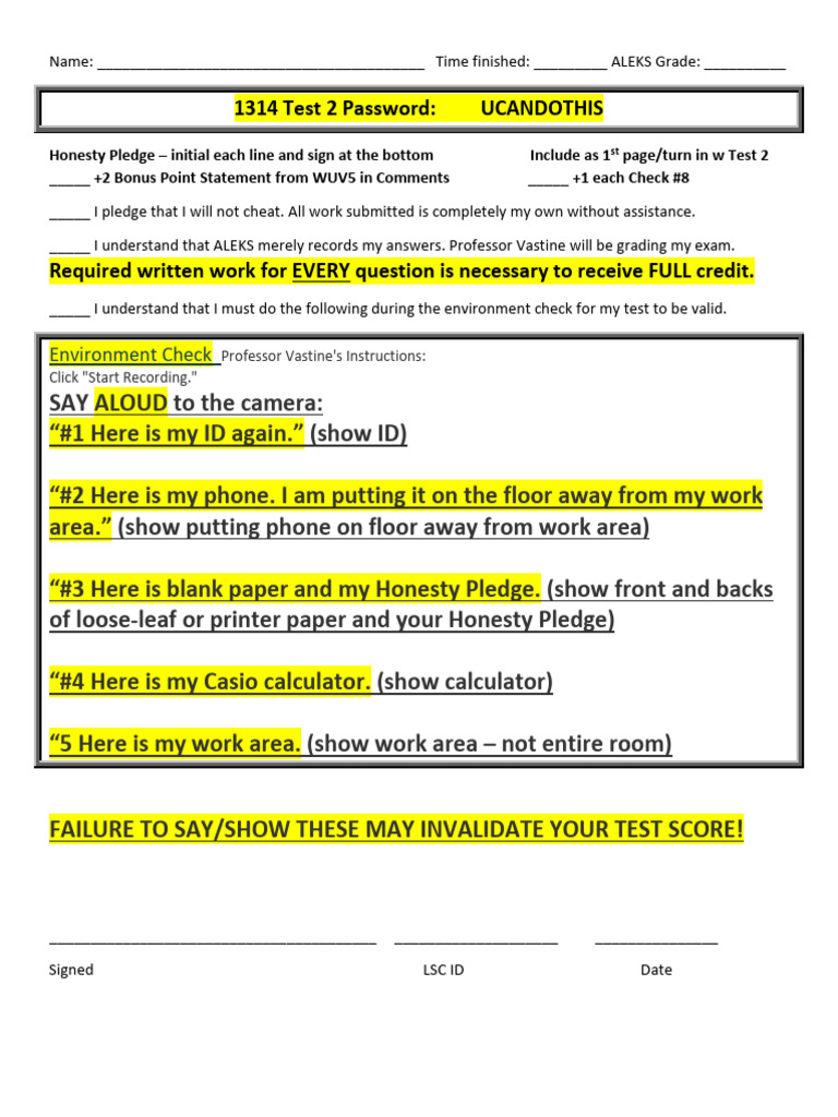 ALEKS Test 2 Honesty Pledge Instructions | PDF