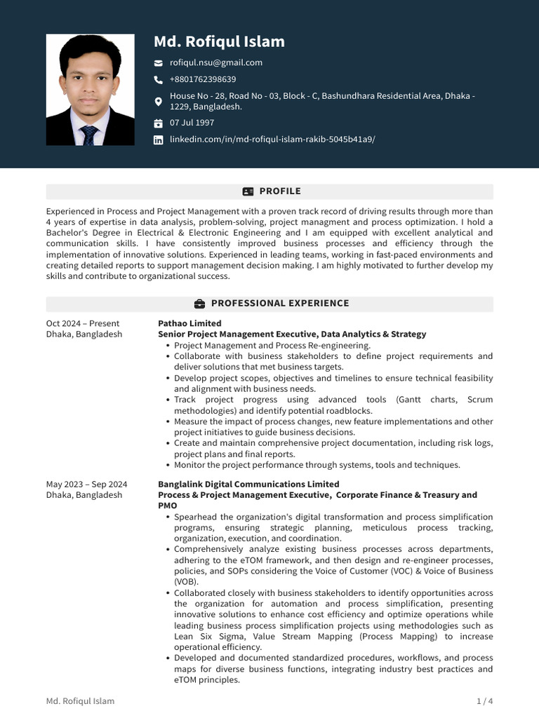 2 Resume Md. Rofiqul Islam PM NSU | PDF | Project Management | Business ...