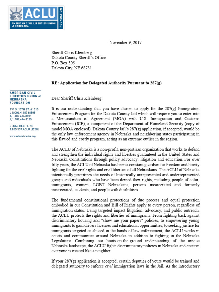 ACLU-dakota County Sheriff Letter Re287g | PDF | U.S. Immigration And ...