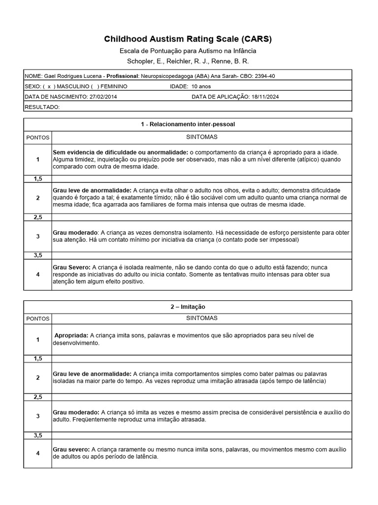 Escala Cars | PDF | Autismo | Comunicação não verbal