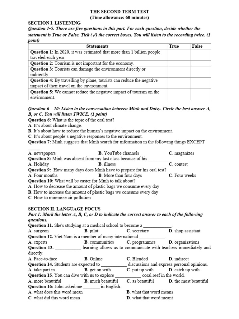 Second Term Test: Listening & Language Skills | PDF | Climate Change ...