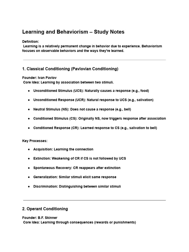 Learning and Behaviorism – Study Notes | PDF | Classical Conditioning ...