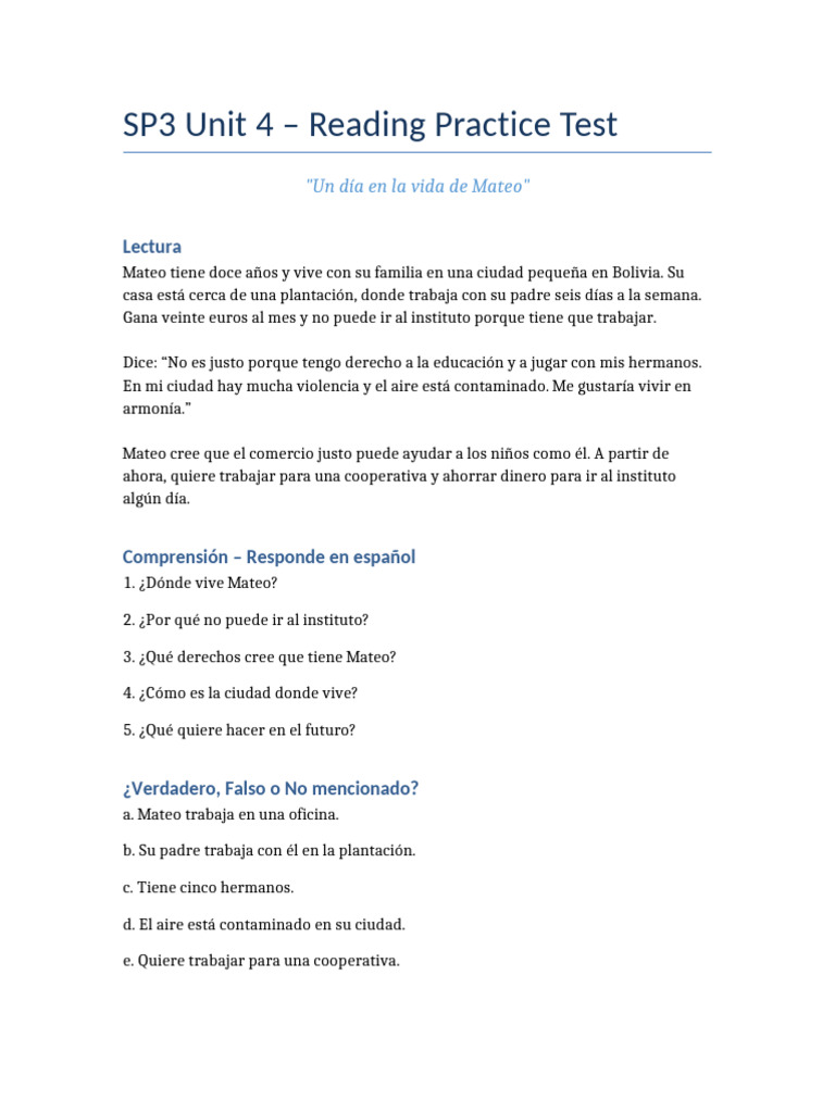 SP3 Unit4 Reading Test | PDF