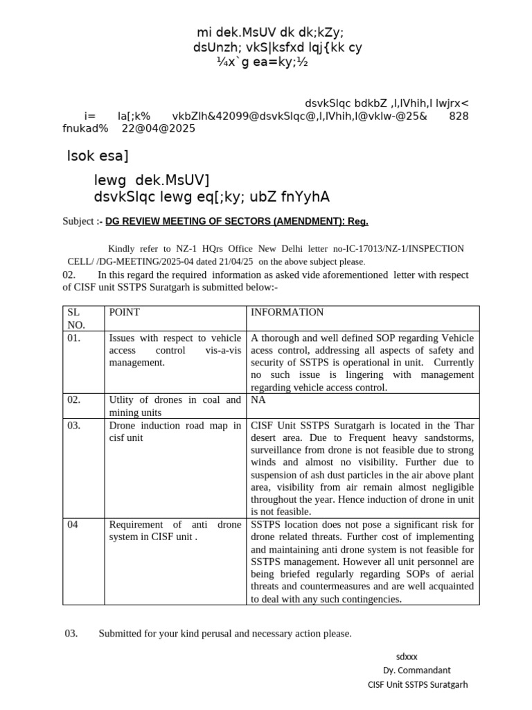 DG Review Meeting: CISF Unit SSTPS Report | PDF