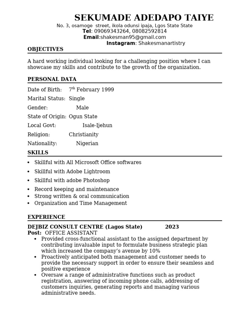 Dapo’s Personal Assistant Cv copy | PDF