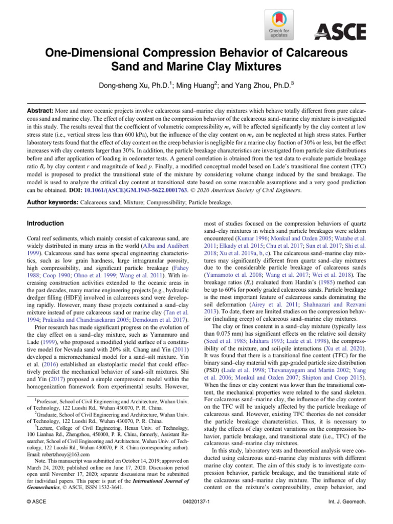 One-Dimensional Compression Behavior of Calcareous Sand and Marine Clay Mixtures | PDF ...