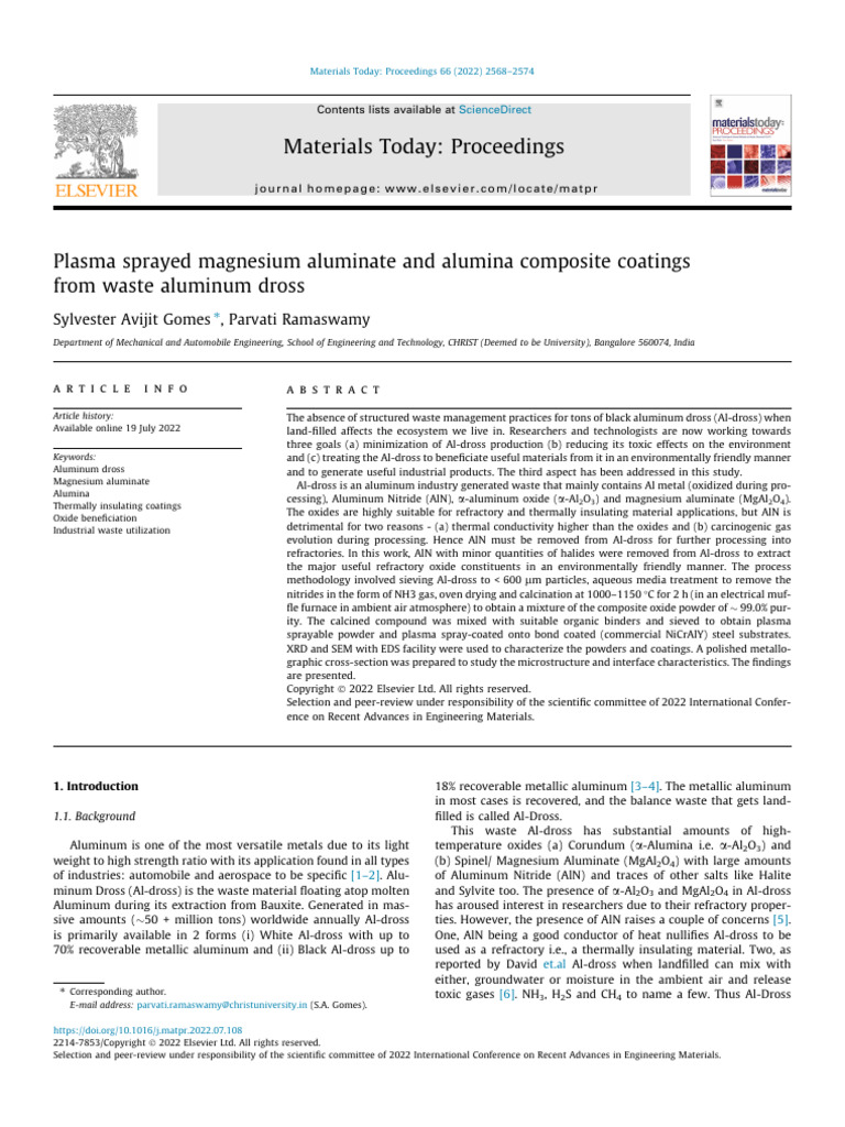 Plasma Sprayed Magnesium Aluminate and Alumina Composite Coatings From ...