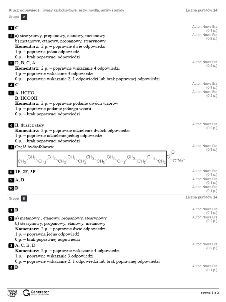 Kwasy Karboksylowe, Estry, Mydła, Aminy I Amidy Klucz Odpowiedzi | PDF