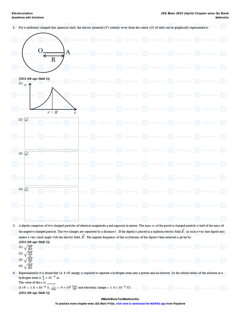 Electrostatics - JEE Main 2023 April Chapterwise PYQ | PDF | Electron ...