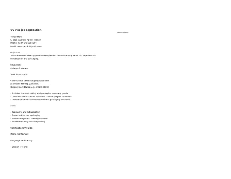 CV for Visa Application: Yehoo Mani | PDF