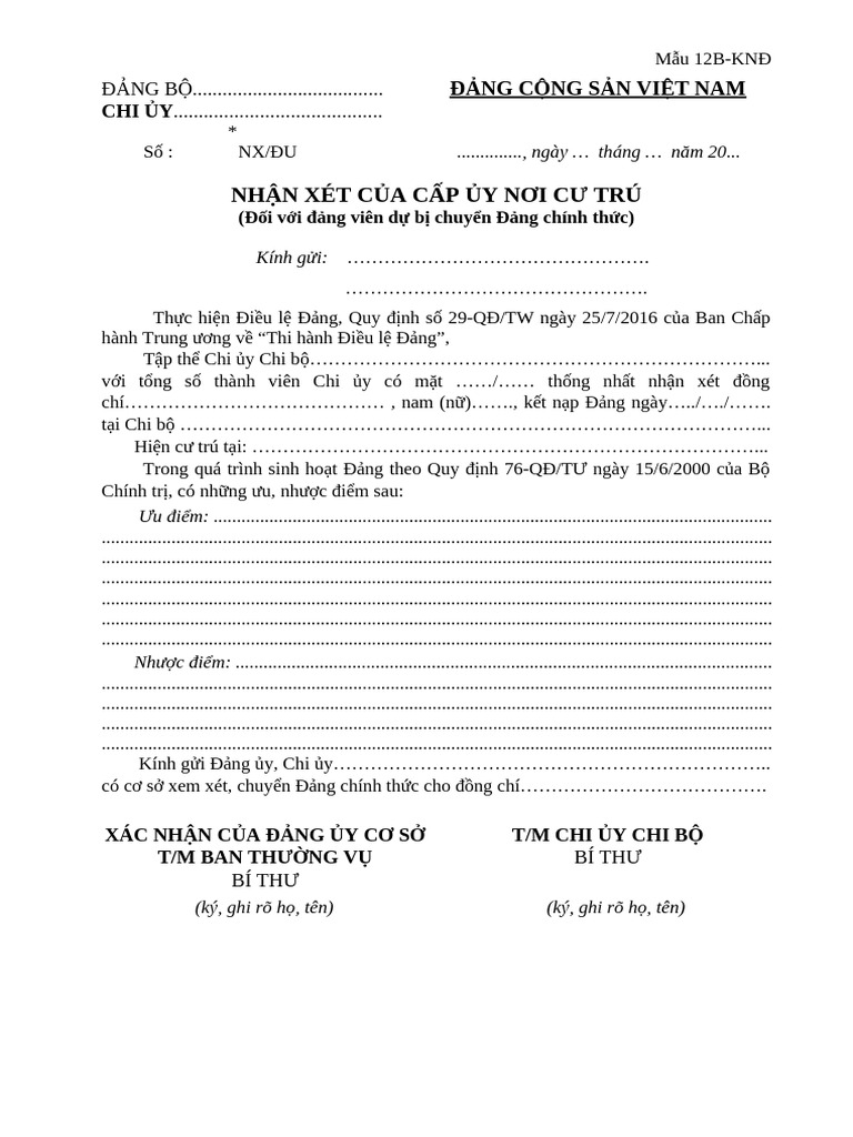 Mau 12B-KND Y Kien Nhan Xet Cua Cap Uy Noi Cu Tru Doi Voi Dang Vien Du ...