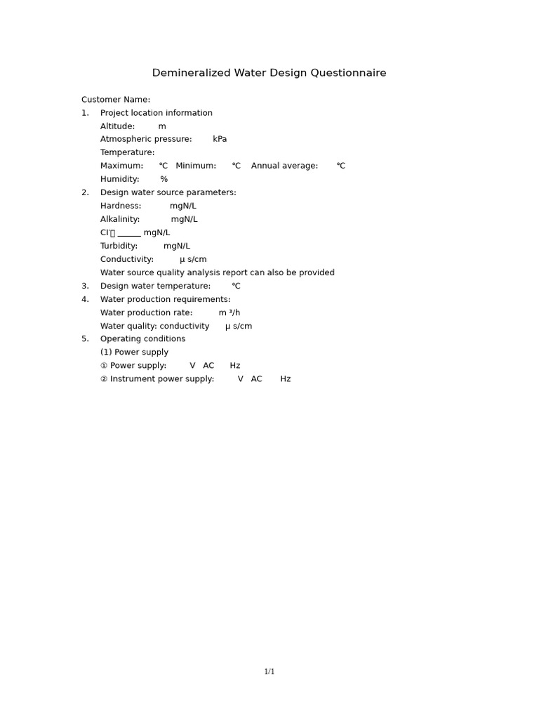 Water Treatment Design Questionaire | PDF