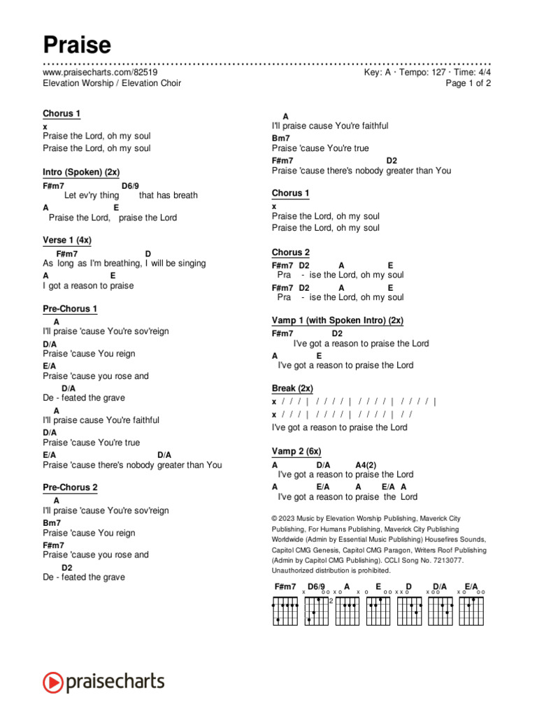 Praise (Elevation Wo...) Chord Chart - A - 2 Column Layout | PDF | Song ...
