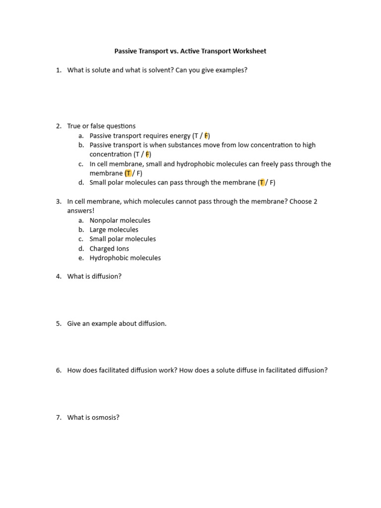 Active vs. Passive Transport Worksheet | PDF