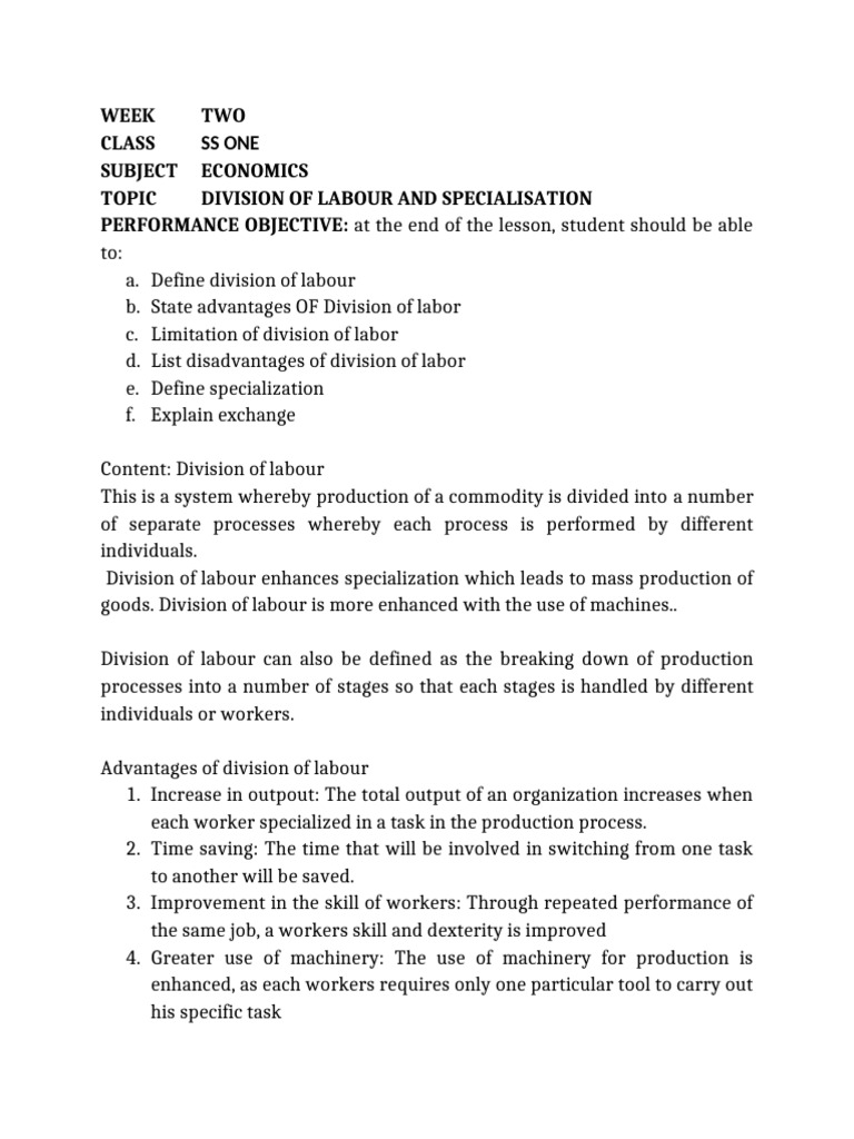 Division of Labour and Specialization | PDF | Division Of Labour ...