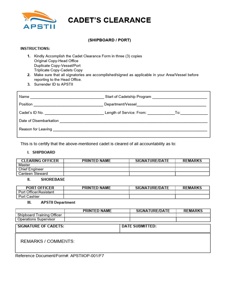 Cadets Clearance Form | PDF