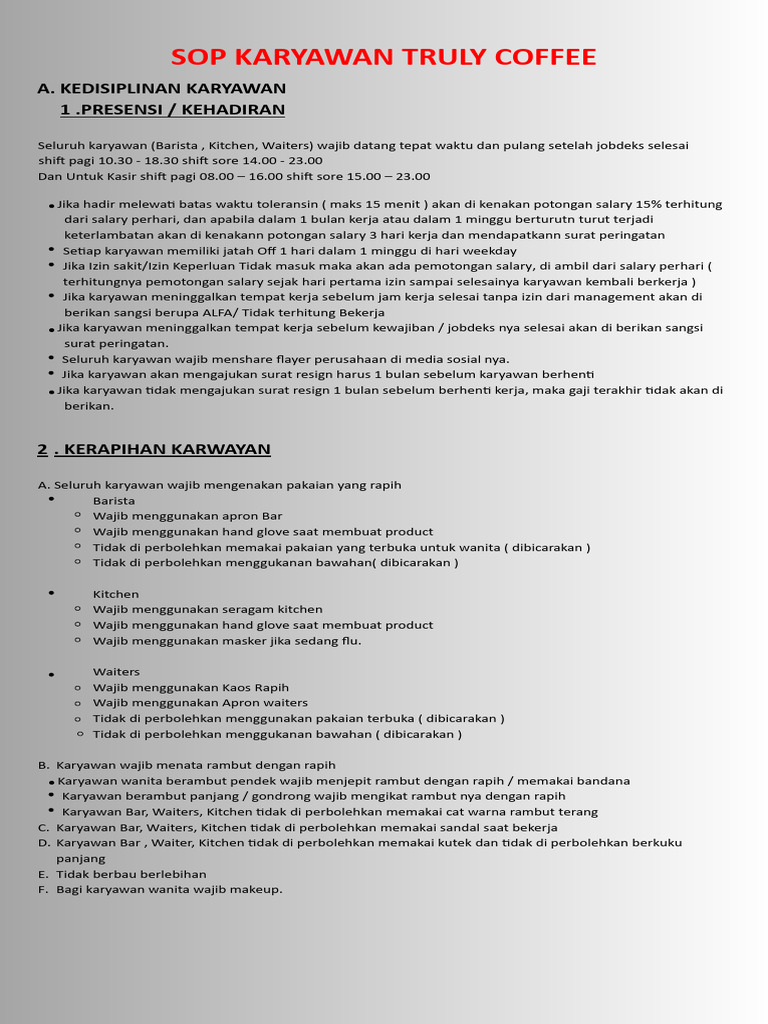 SOP Karyawan Truly Coffee: Disiplin & Tugas | PDF