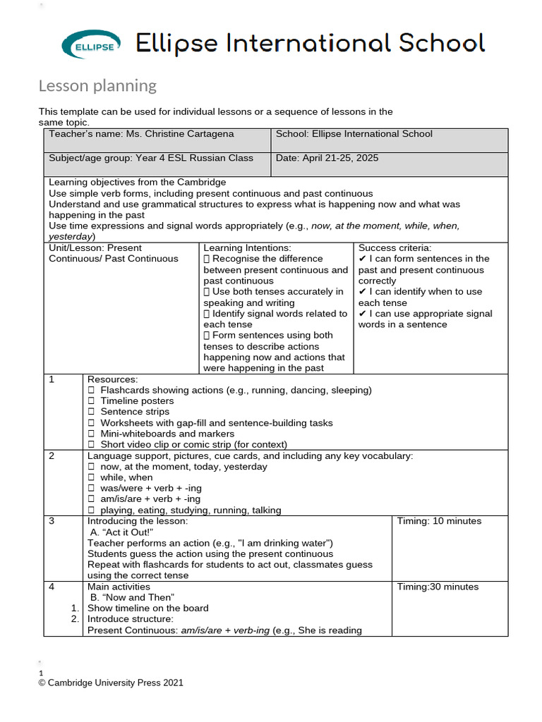 ESL Lesson Plan: Present & Past Continuous | PDF | Grammatical Tense | Verb