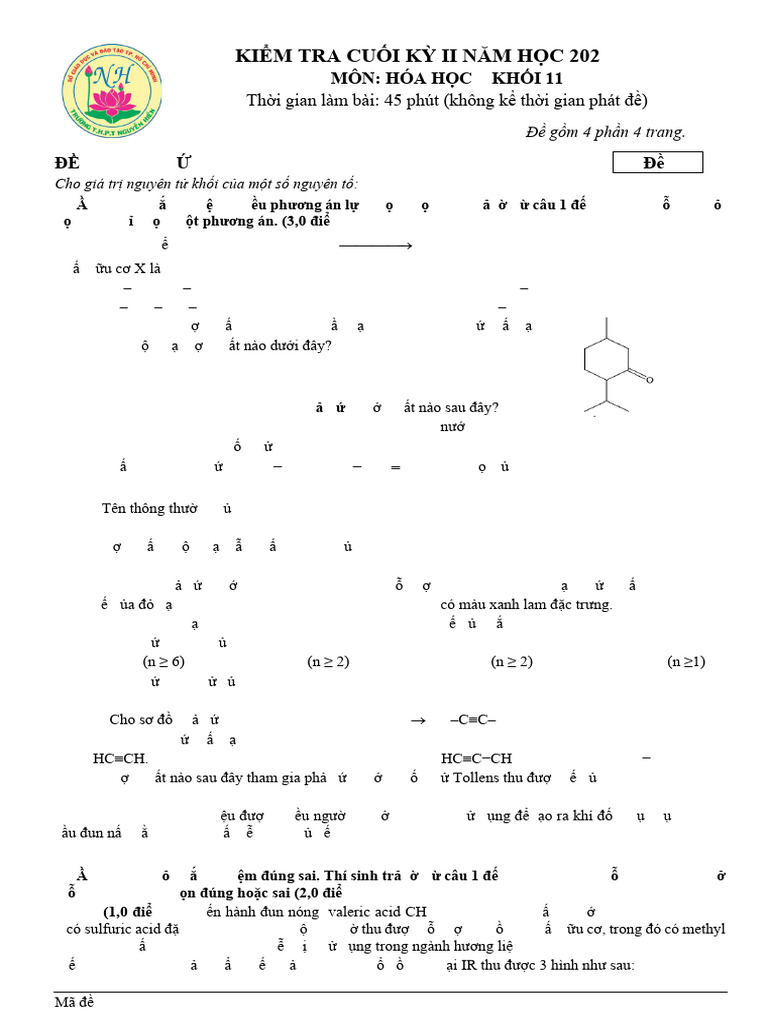 ĐỀ KT HK2 - HOÁ 11 (2024 - 2025) - THPT NGUYỄN HIỀN | PDF